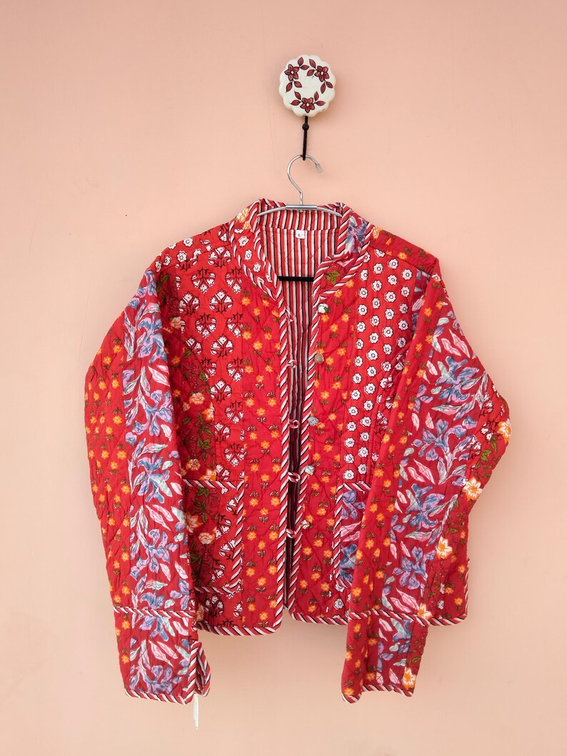 Red Style Cotton Patchwork Jacket, Quilted Cotton Jacket, Women's ...
