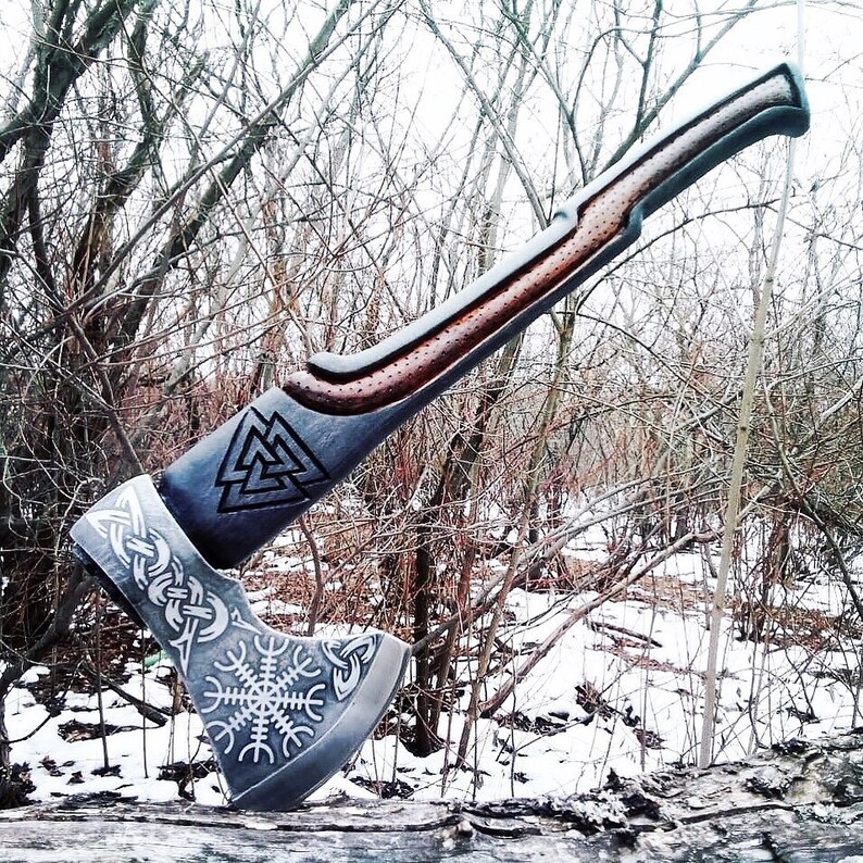 Viking Hel of Awe Axe, Norse Forged Carbon Steel Bearded Hatchet Camping Axe Throwing Custom ...