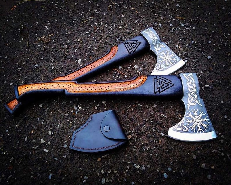 Viking Hel of Awe Axe, Norse Forged Carbon Steel Bearded Hatchet Camping Axe Throwing Custom ...