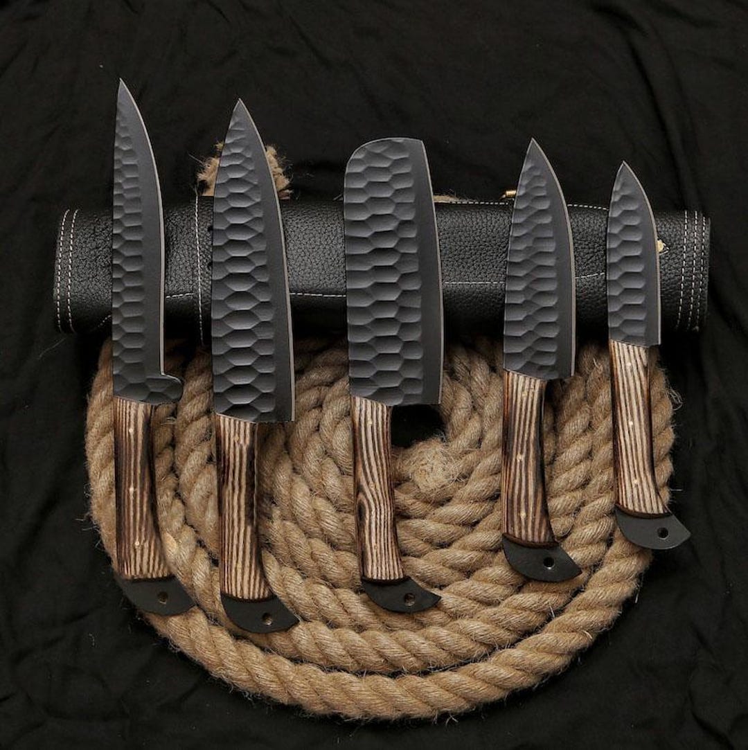 Hand Forged Cow Wood Chef Knife Set, Damascus Steel BBQ 5 PCS Kitchen ...