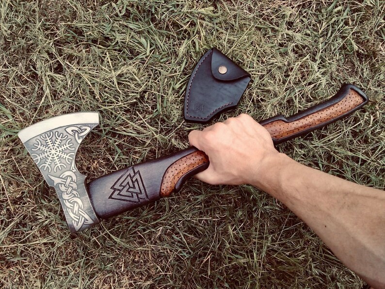 Viking Hel of Awe Axe, Norse Forged Carbon Steel Bearded Hatchet Camping Axe Throwing Custom ...