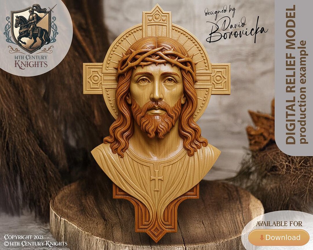 Jesus Portrait With Cross 3D STL Relief Model for CNC Artcam Aspire ...