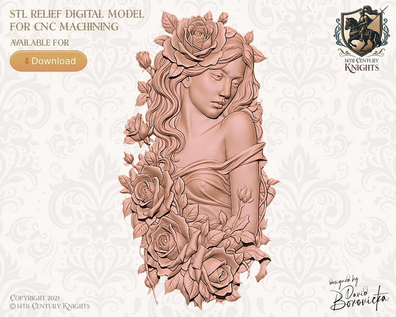 Lady With Roses 3D STL Relief Model for CNC Artcam Aspire Vcarve Cut3d ...