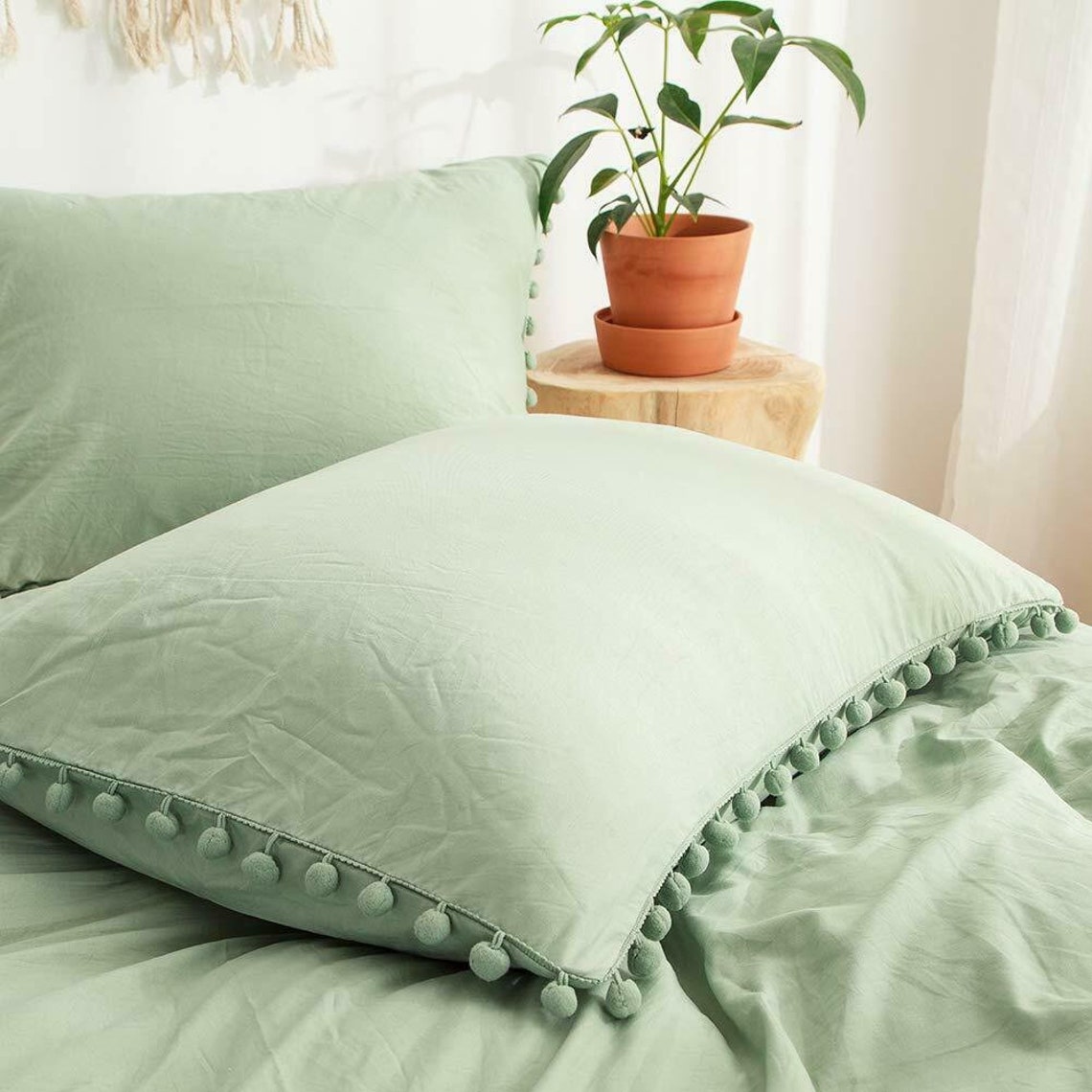 Sage Green Washed Cotton Duvet Cover Sage Green Pom Pom Etsy