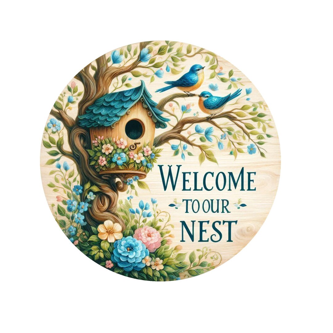 Bluebirds Welcome to Our Nest Wreath Sign, Metal Wreath Sign, Round ...