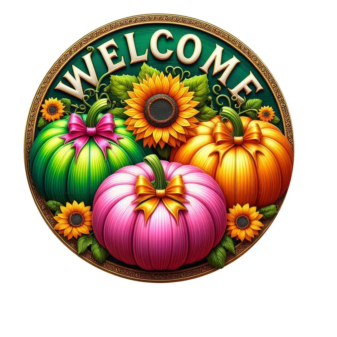 Colorful Pumpkins Welcome Wreath Sign, Metal Wreath Sign, Round Wreath ...