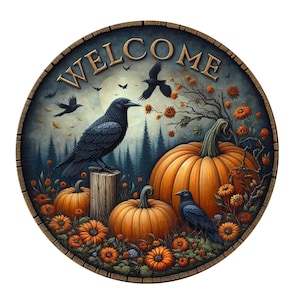 Rustic Pumpkin and Crow Welcome Wreath Sign, Metal Wreath Sign, Round ...