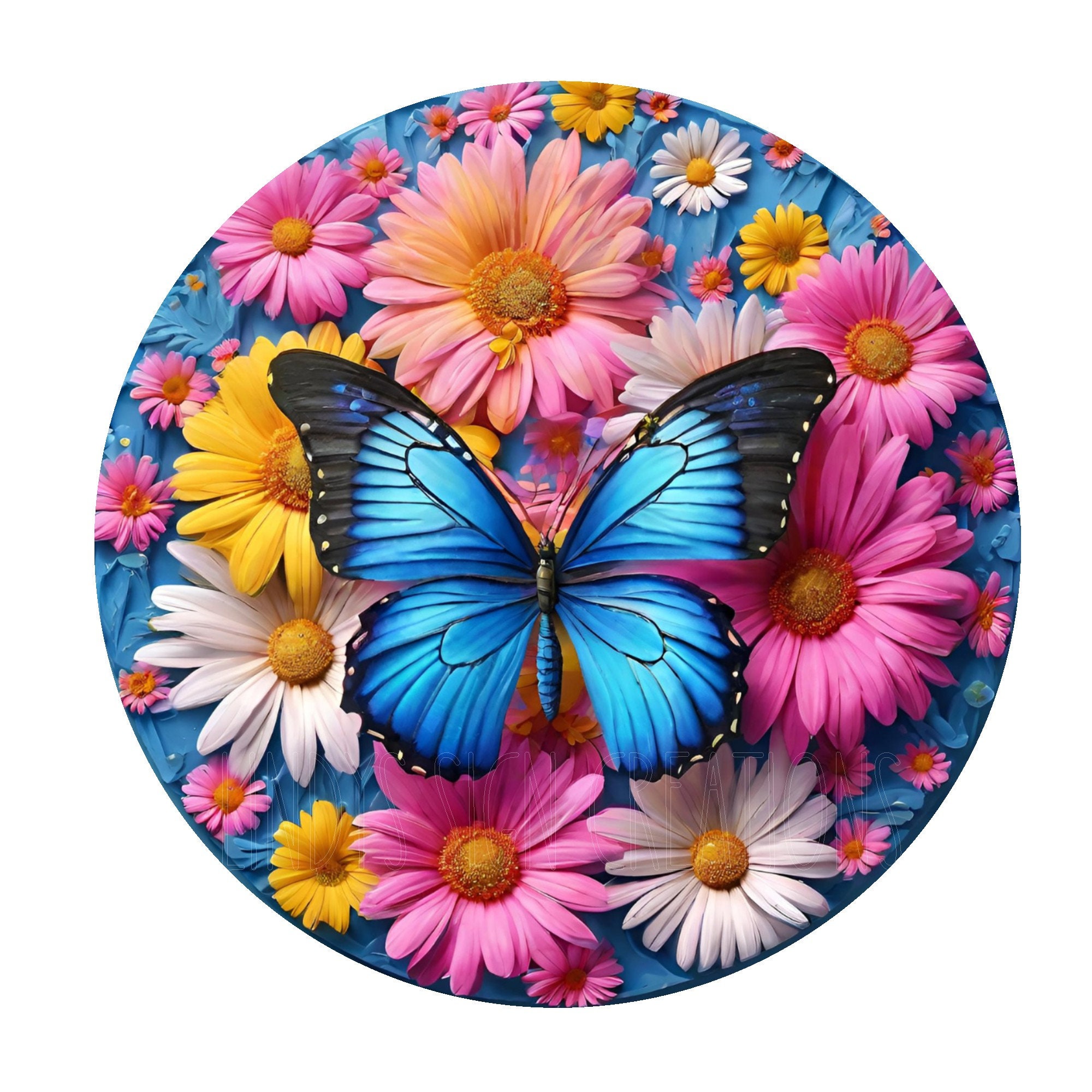 Blue Butterfly With Colorful Daisies Wreath Sign, Metal Wreath Sign ...