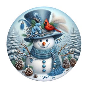 Blue Snowman With Cardinal Wreath Sign, Metal Wreath Sign, Round Wreath ...