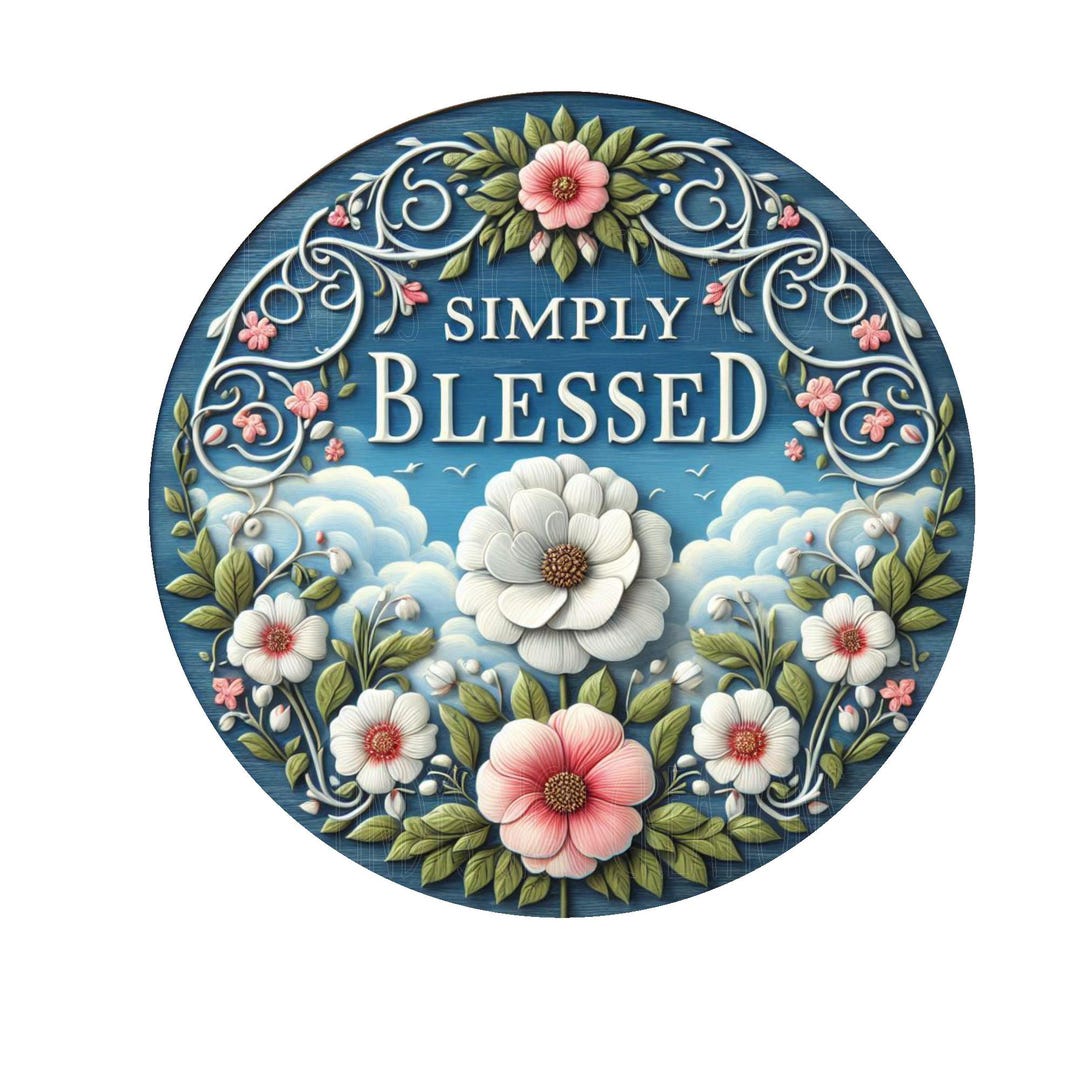 Simply Blessed Round Wreath Sign With White and Pink Flowers, Metal ...