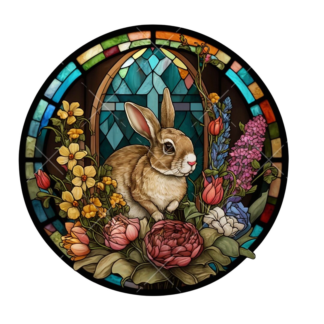 Faux Stained Glass Bunny Wreath Sign, Round Wreath Sign, Signs for ...