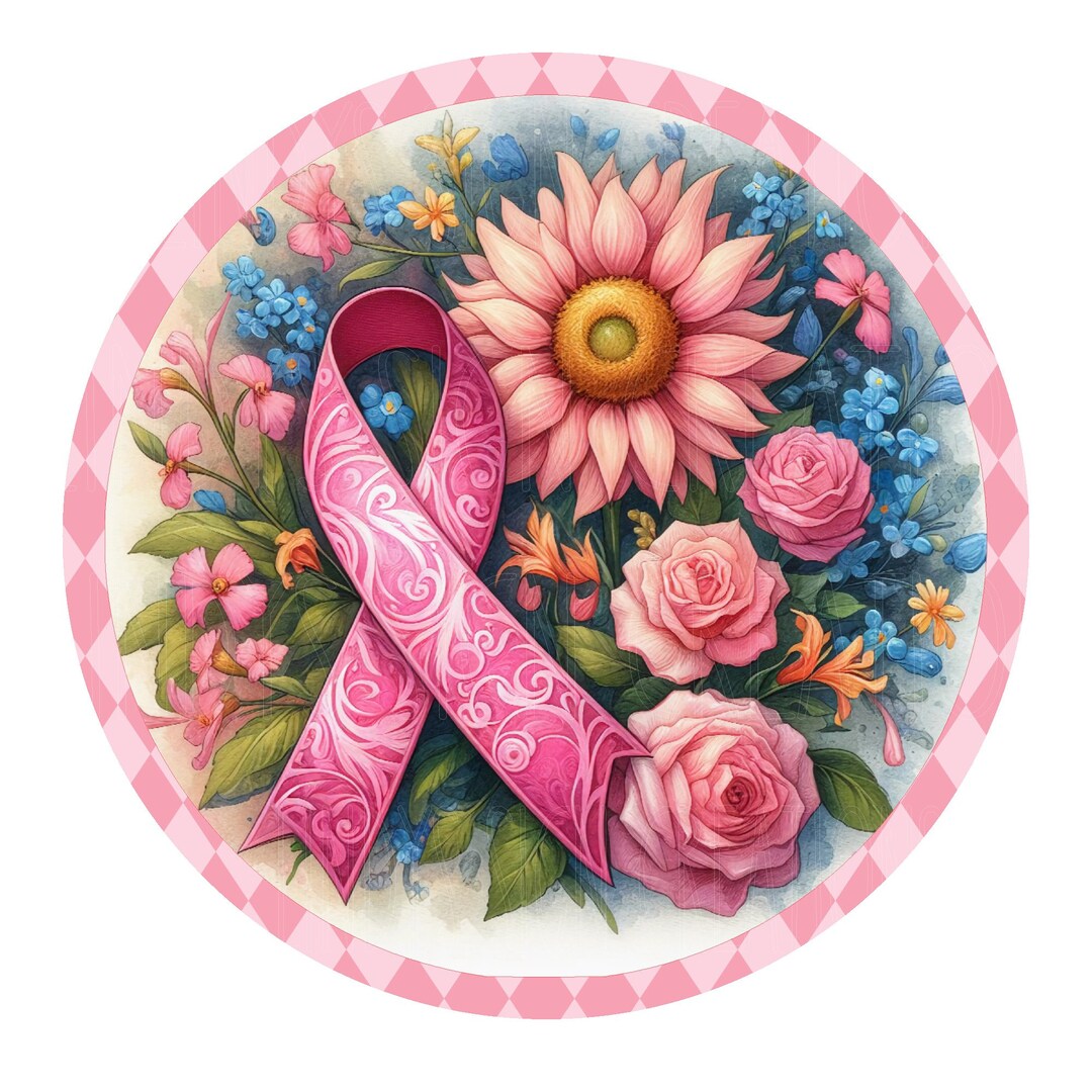 Pink Cancer Awareness Wreath Sign, Pink Ribbon Sign, Round Wreath Sign ...