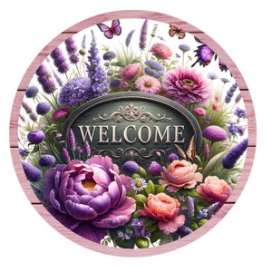 Welcome Purple and Pink Floral Wreath Sign, Metal Wreath Sign, Round ...