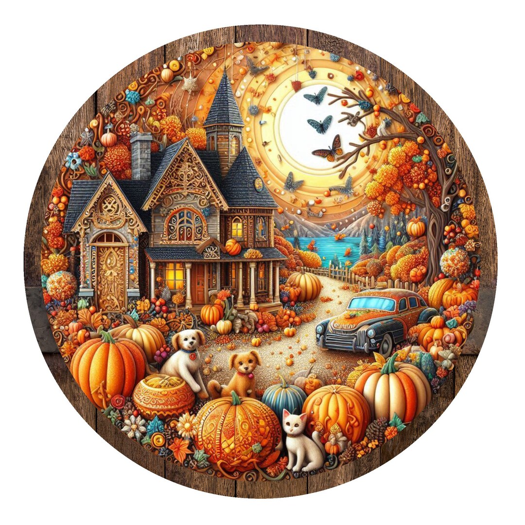 Fall Whimsical House Wreath Sign, Metal Wreath Sign, Round Wreath Sign ...