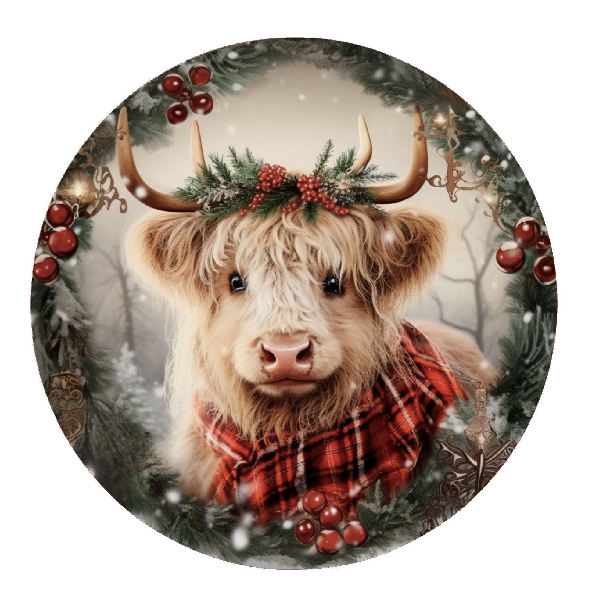 Highland Cow Christmas Wreath Sign, Metal Wreath Sign, Round Wreath ...