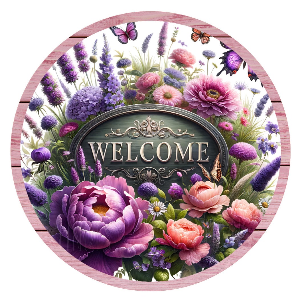 Welcome Purple and Pink Floral Wreath Sign, Metal Wreath Sign, Round ...