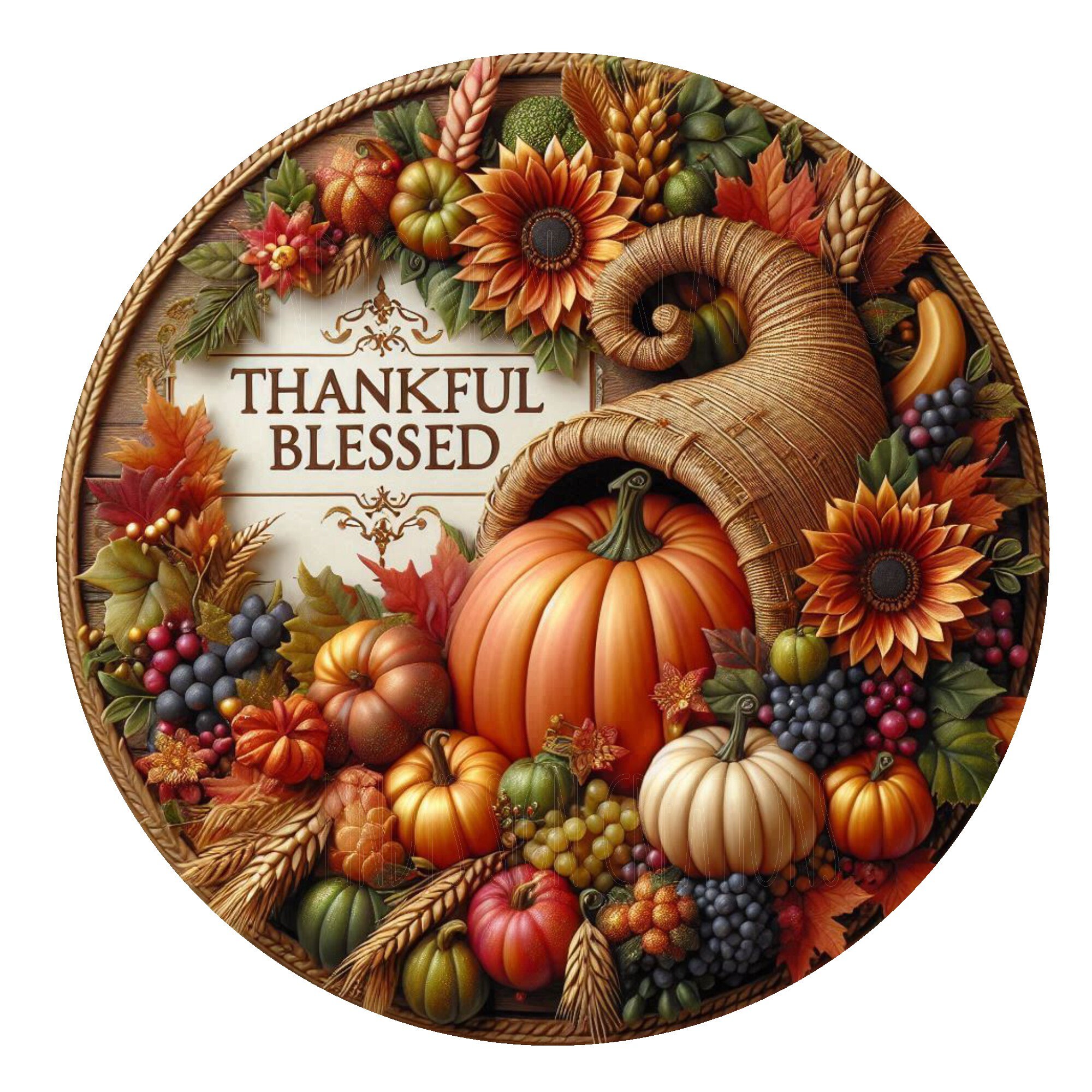 Thankful and Blessed Cornucopia Wreath Sign, Metal Wreath Sign, Round ...