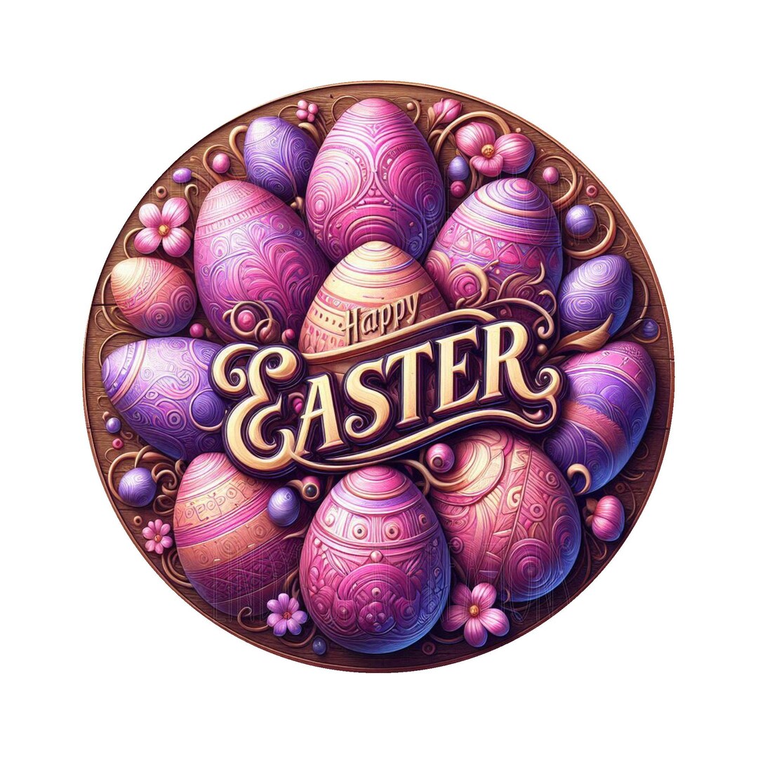 Happy Easter Colorful Purple Eggs Wreath Sign, Metal Wreath Sign, Round ...