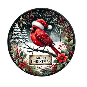 Cardinal Wearing a Santa Hat Wreath Sign, Merry Christmas Wreath Sign ...