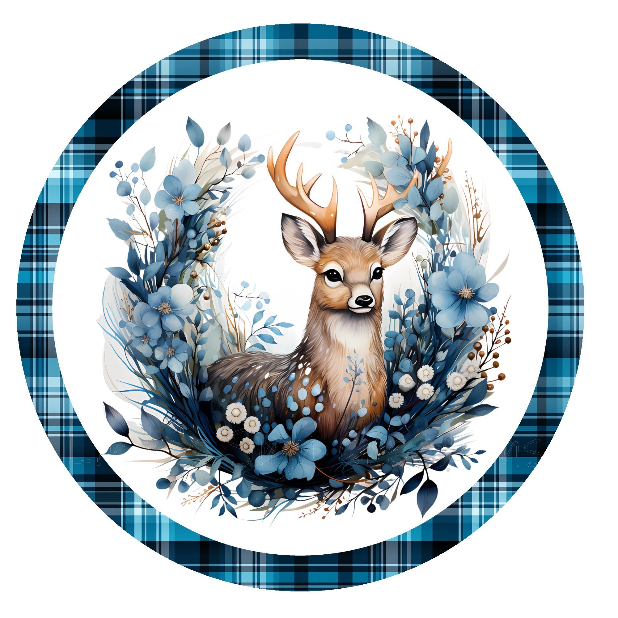 Deer Surrounded by Blue Flowers Wreath Sign, Metal Wreath Sign, Round ...
