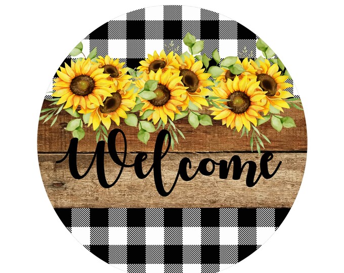 Round Buffalo Plaid Sunflower Welcome Sign Wreath Sign - Etsy