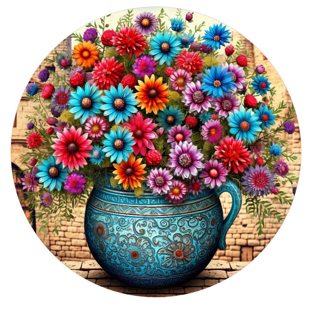 Colorful Floral Bouquet Wreath Sign, Metal Wreath Sign, Round Wreath ...