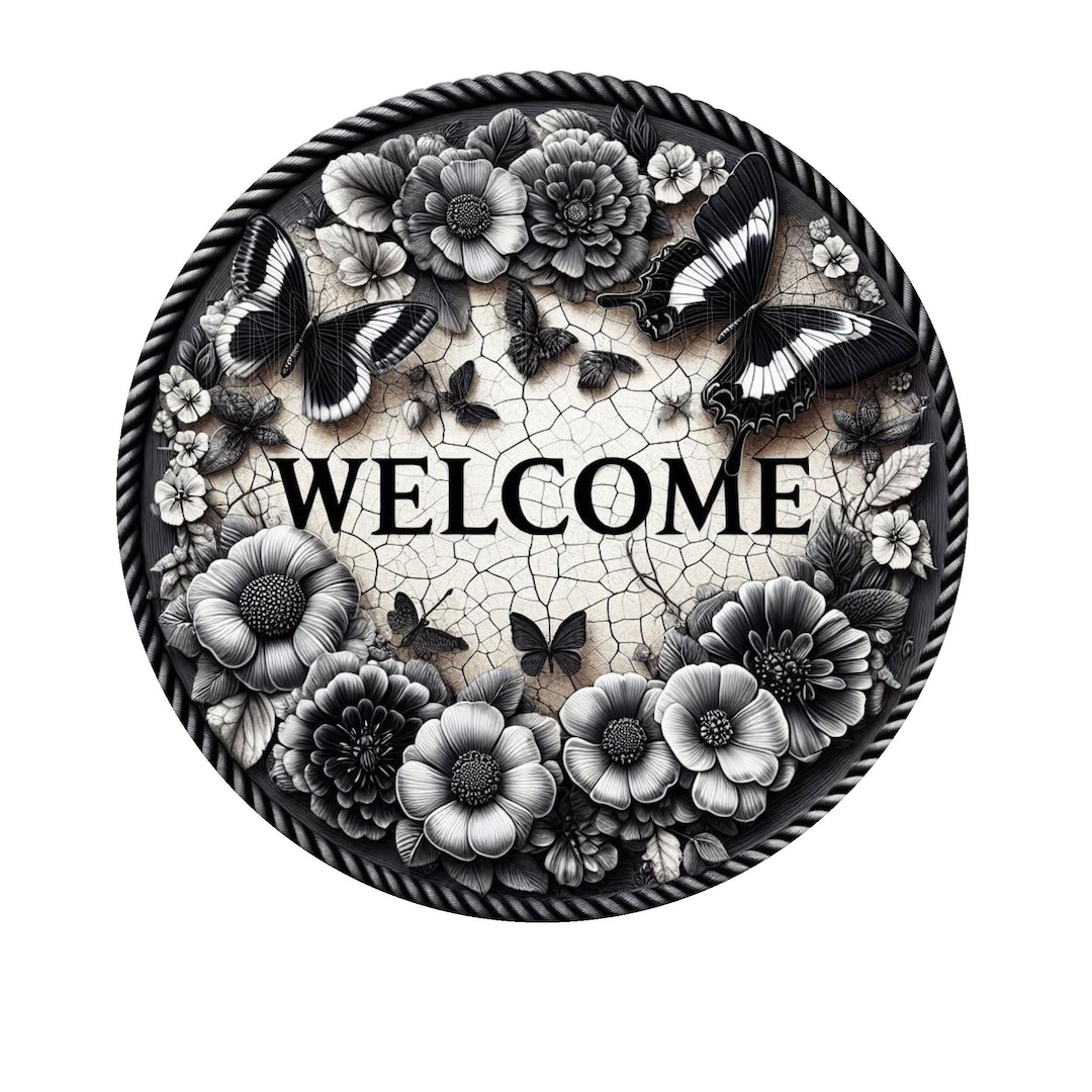Black and White Floral Welcome Wreath Sign, Metal Wreath Sign, Round ...