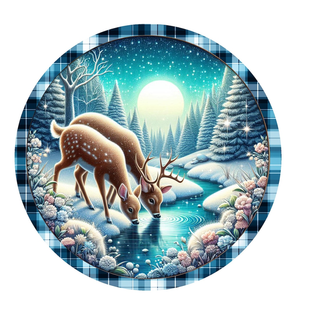 Buck and Doe at River Winter Wreath Sign, Metal Wreath Sign, Round ...
