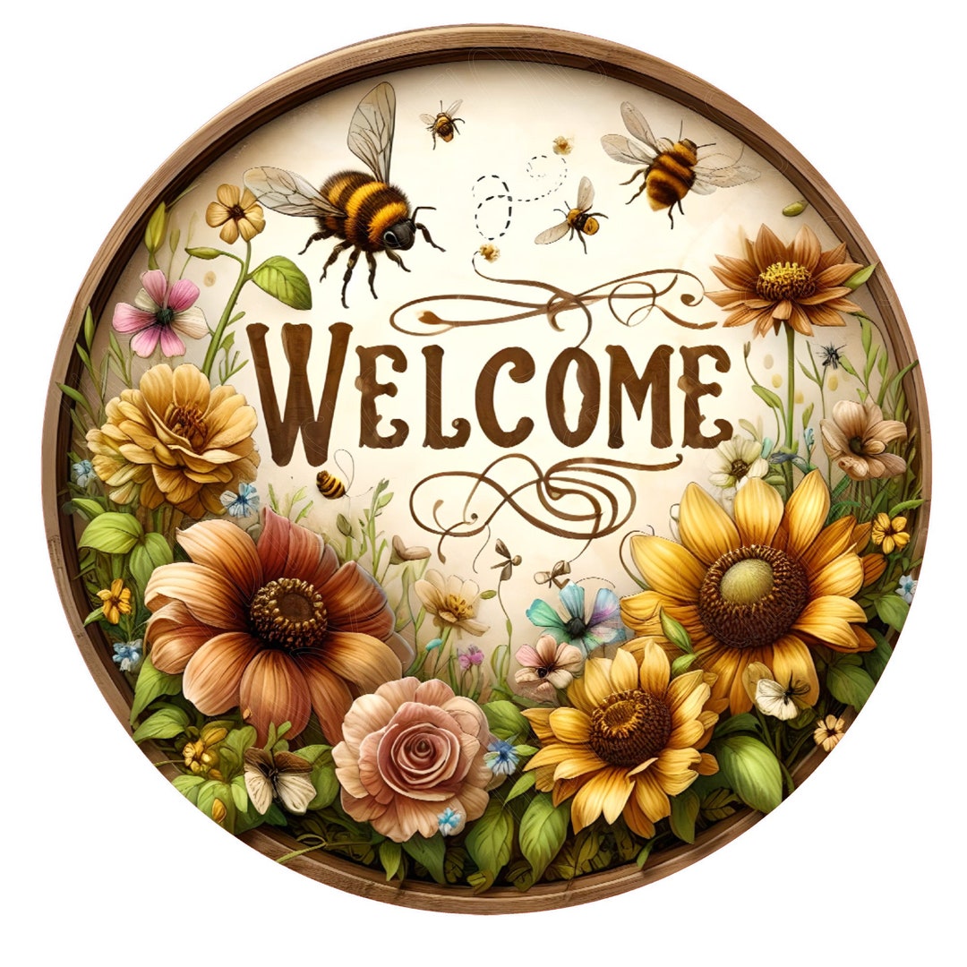 Bees and Sunflowers Welcome Wreath Sign, Metal Wreath Sign, Round ...