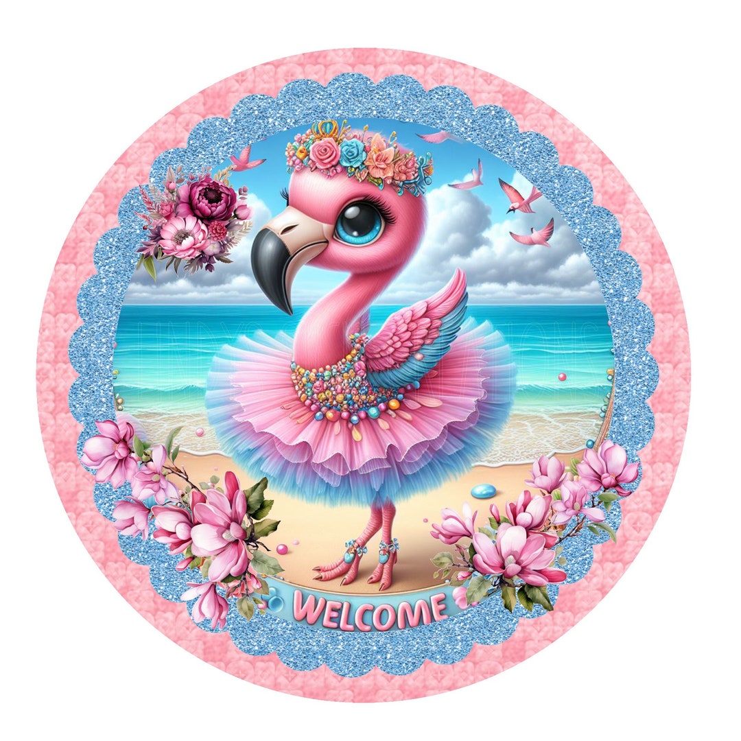 Pink Flamingo Welcome Wreath Sign, Summer Sign, Door Decor, Round ...