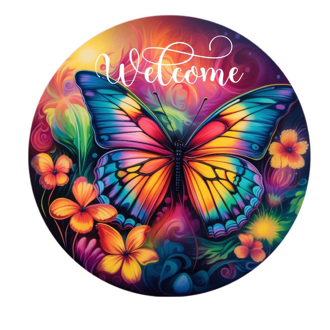 Welcome Colorful Butterfly Wreath Sign, Metal Wreath Sign, Round Wreath ...