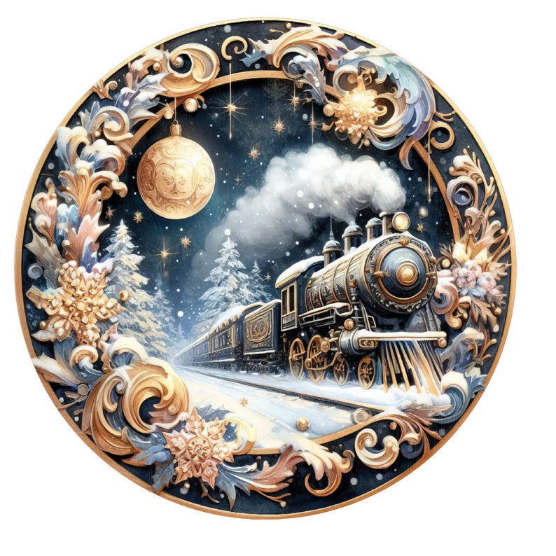 Christmas Train Gold and Black Wreath Sign, Metal Wreath Sign, Round ...