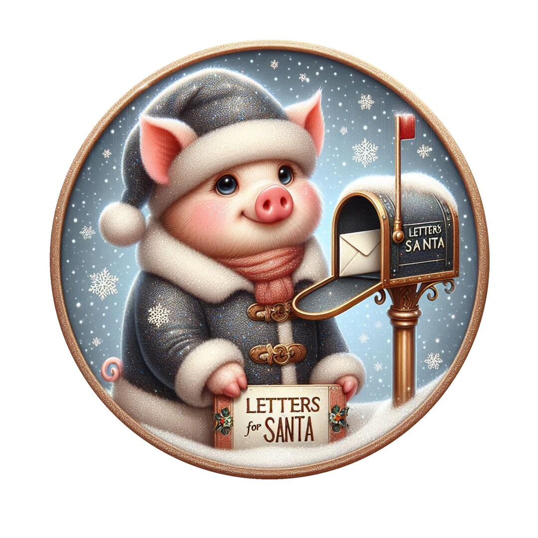 Cute Pig Sending Letters to Santa Wreath Sign, Metal Wreath Sign, Round ...