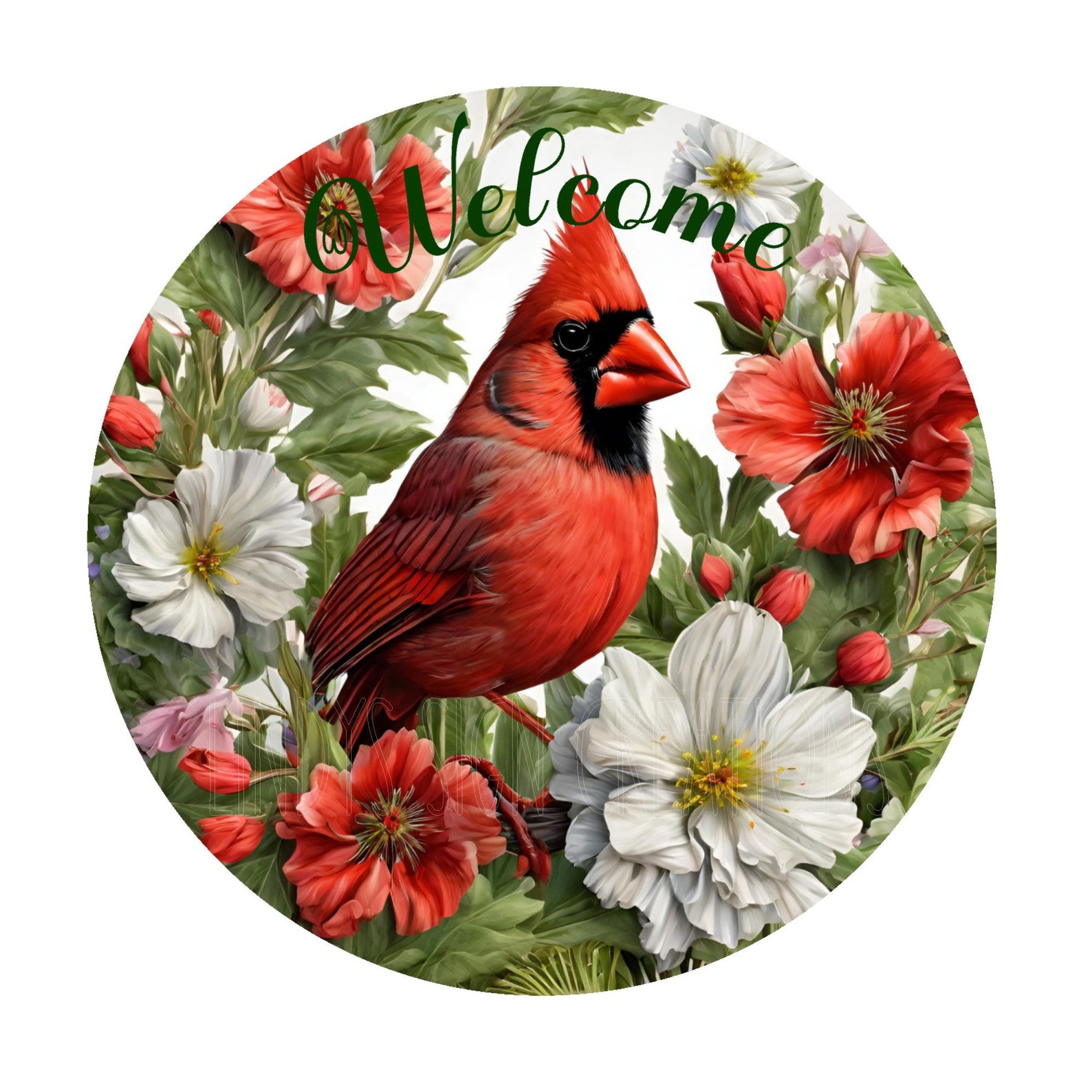 Cardinal With Florals Welcome Wreath Sign, Metal Wreath Sign, Round ...