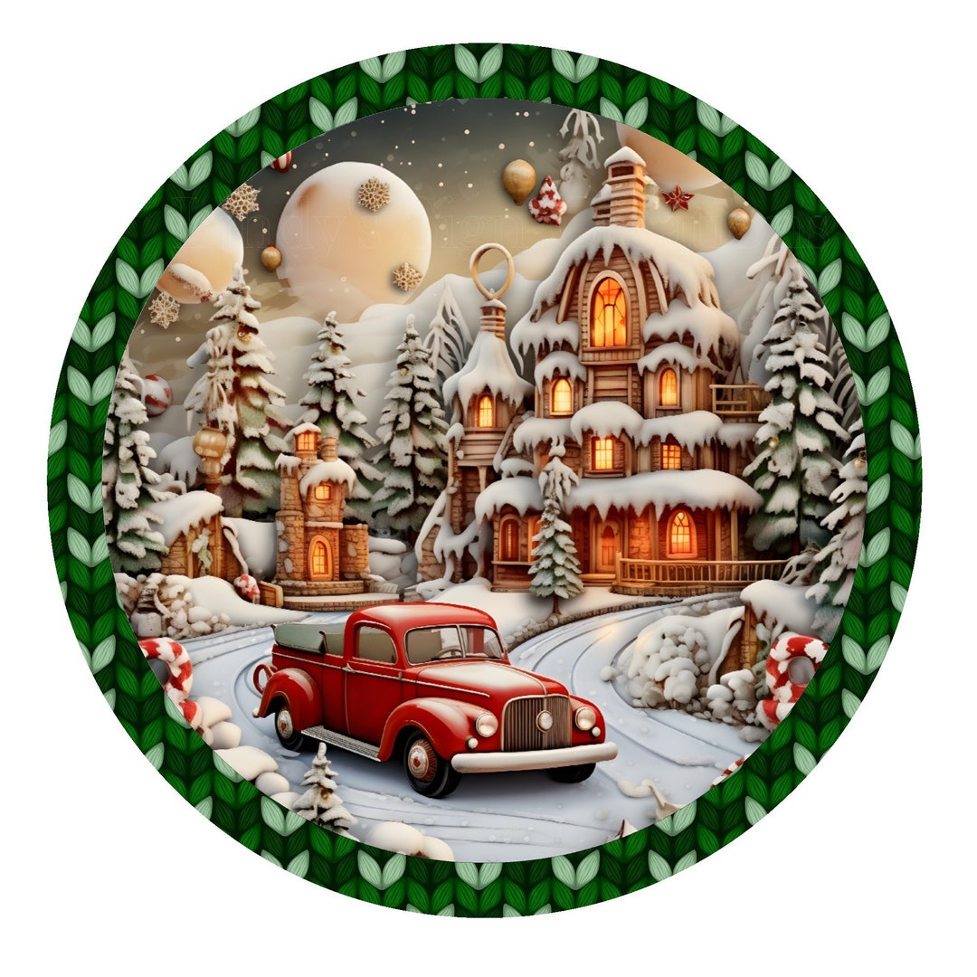 Red Truck Winter Wreath Sign, Metal Wreath Sign, Christmas Signs, Round ...