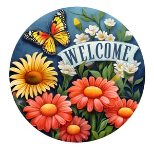 Welcome Floral Wreath Sign, Metal Wreath Sign, Round Wreath Sign, Door ...