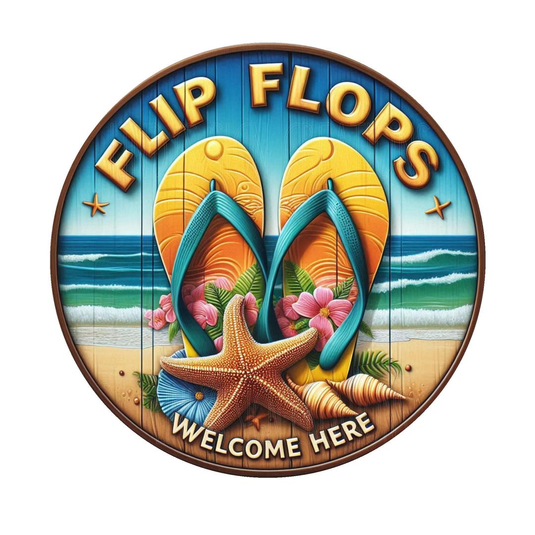 Flip Flops Welcome Here Wreath Sign, Metal Wreath Sign, Round Wreath ...