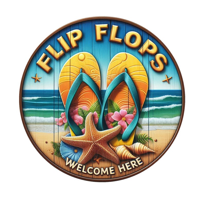 Flip Flops Welcome Here Wreath Sign, Metal Wreath Sign, Round Wreath ...