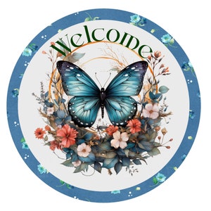Blue Butterfly Welcome Wreath Sign, Metal Wreath Sign, Round Wreath ...