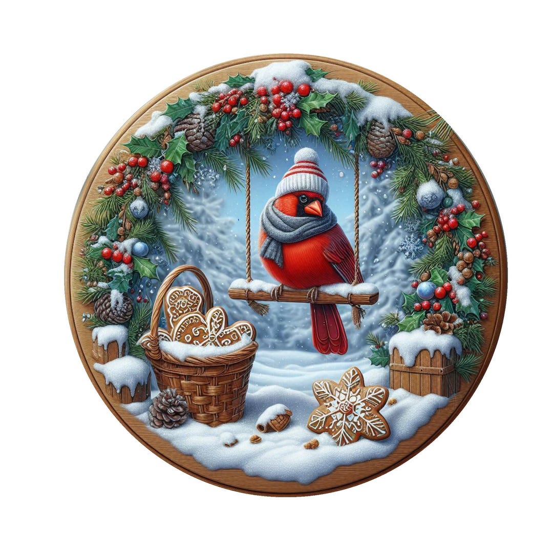 Winter Cardinal on Swing With Gingerbread Cookie Basket Wreath Sign ...
