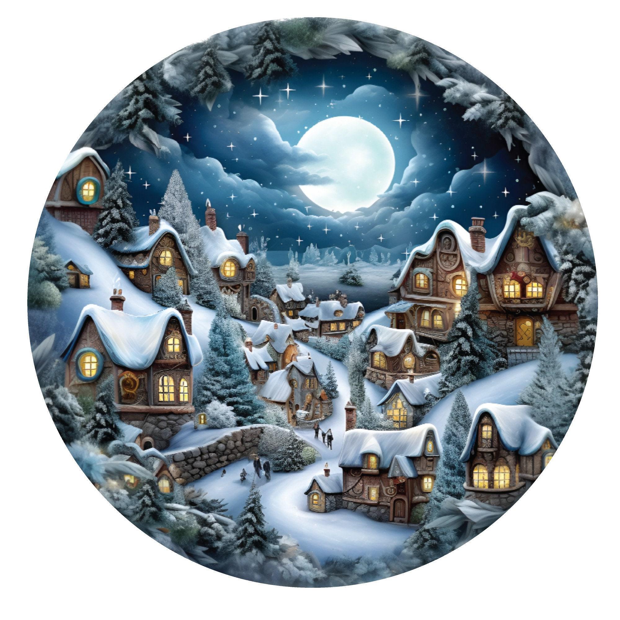 Winter Night Village Scene Wreath Sign, Metal Wreath Sign, Winter ...