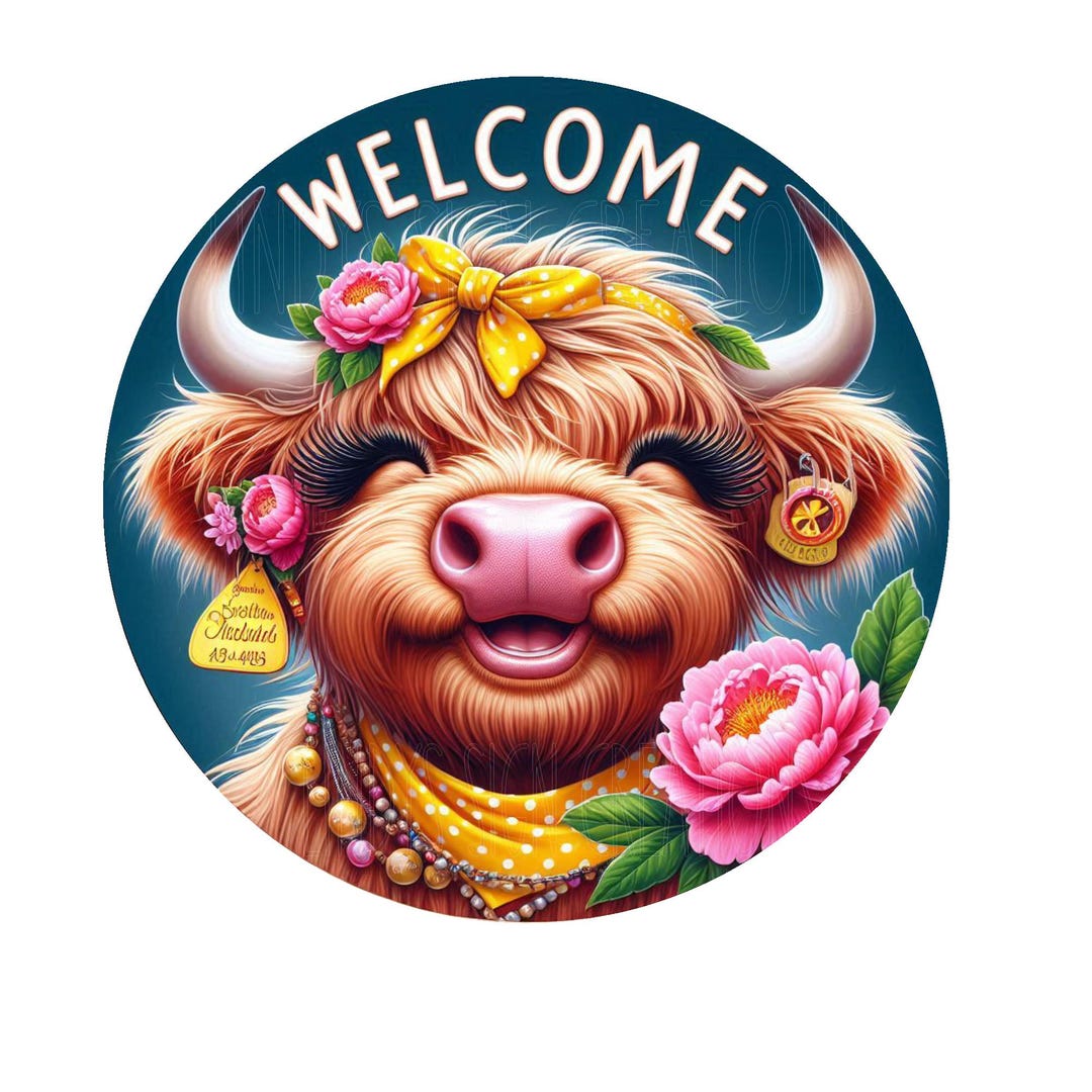 Cute Highland Cow Welcome Wreath Sign, Metal Wreath Sign, Round Wreath ...