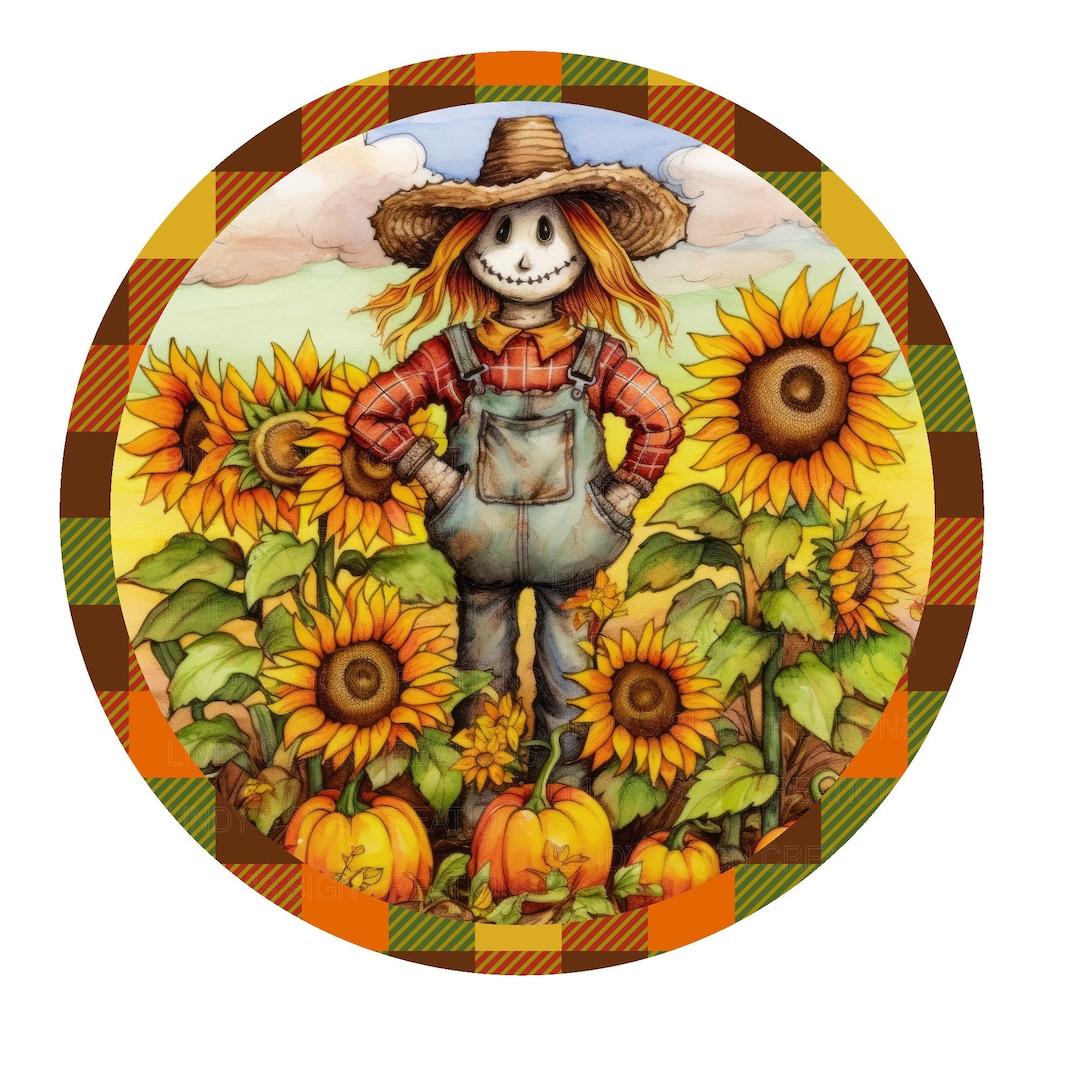 Scarecrow With Sunflowers Wreath Sign, Metal Wreath Sign, Signs for ...
