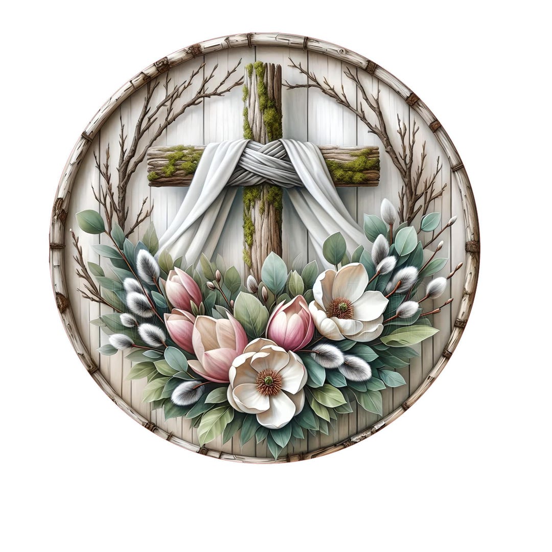 Easter Cross With Magnolias Wreath Sign, Metal Wreath Sign, Round ...
