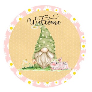 Welcome Gnome With Piglet Wreath Sign, Metal Wreath Sign, Round Wreath ...