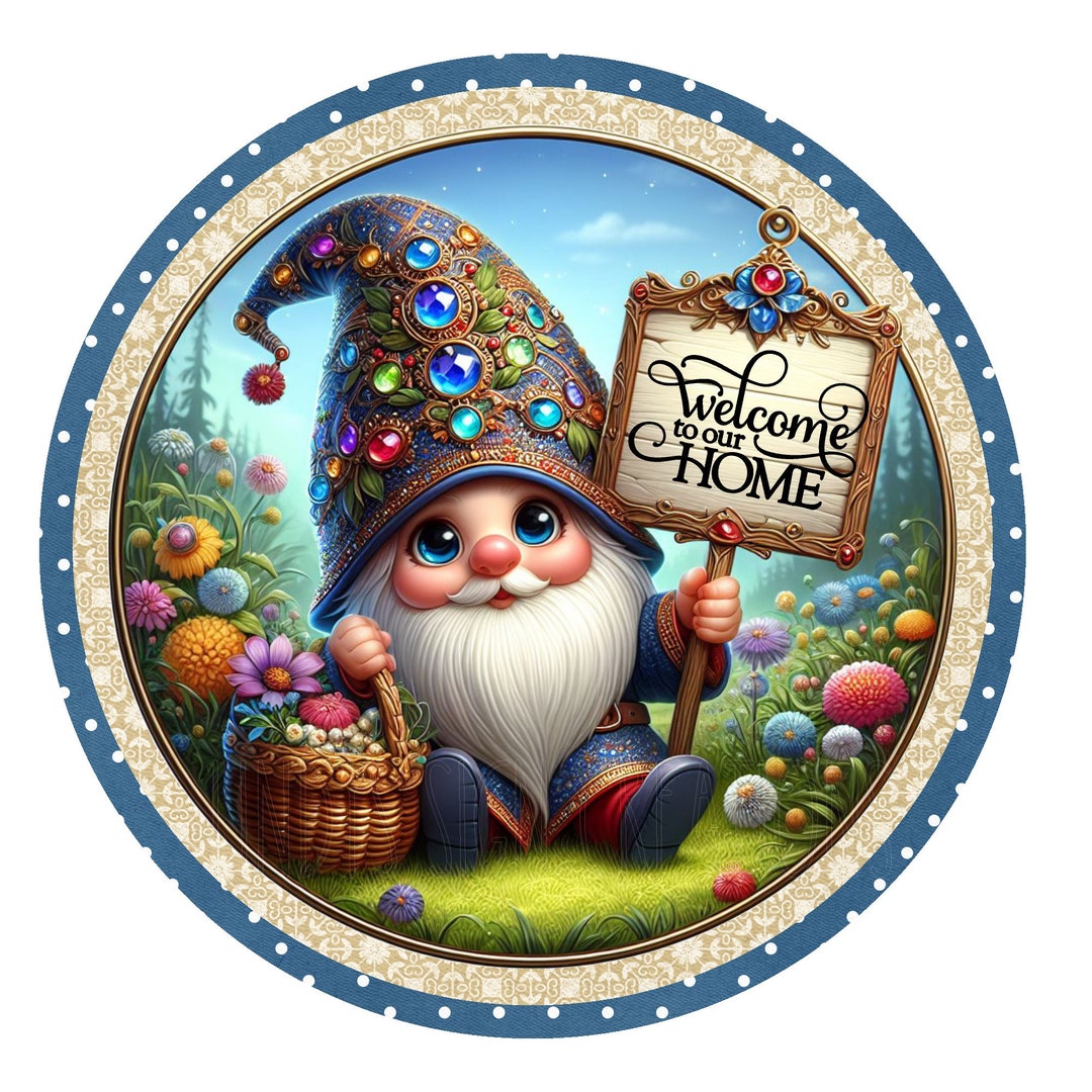 Welcome to Our Home Gnome Wreath Sign, Round Wreath Sign, Metal Wreath ...