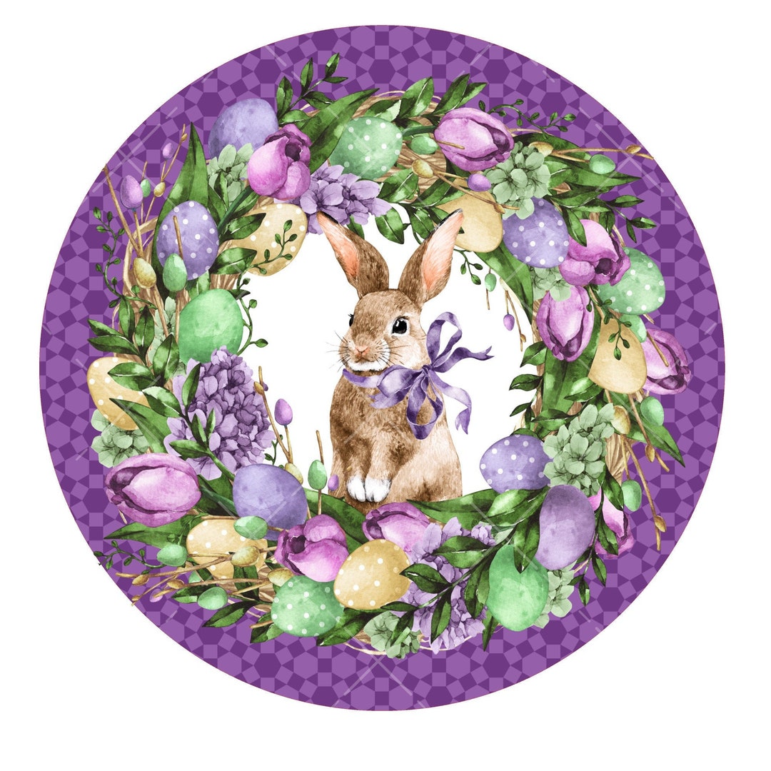 Easter Wreath Sign, Metal Wreath Sign, Cute Rabbit Wreath Sign, Round ...