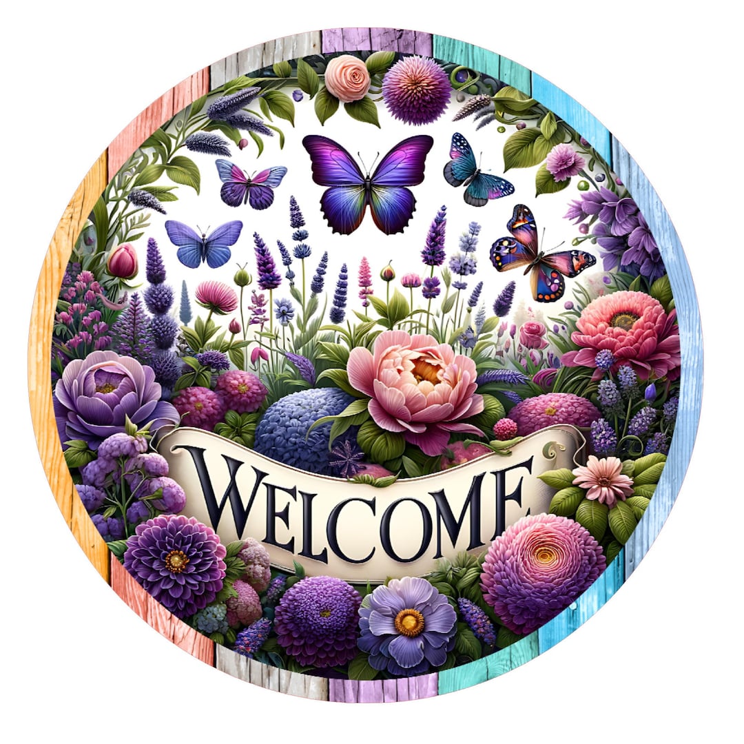 Purple Floral Welcome Wreath Sign, Metal Wreath Sign, Round Wreath Sign ...