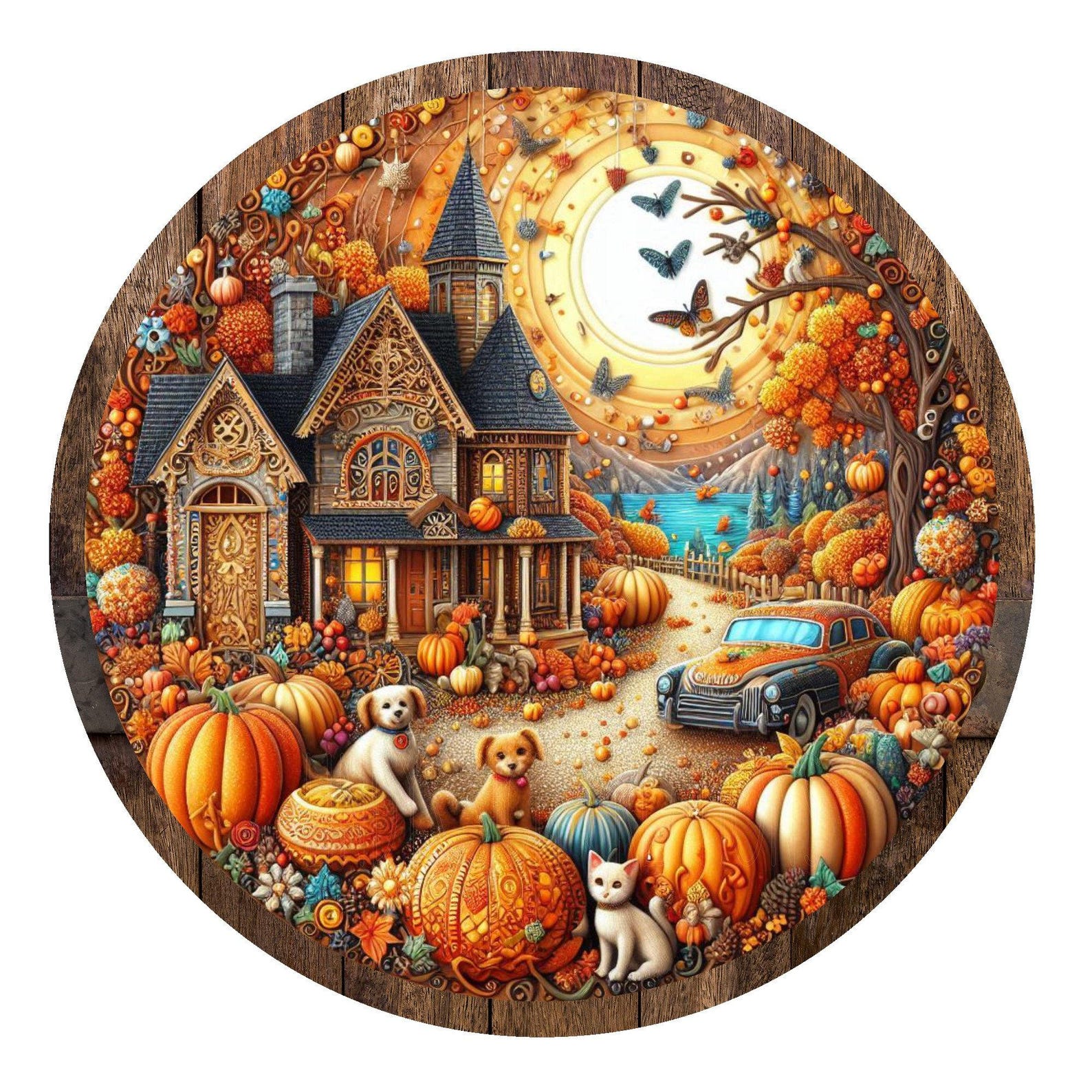 Fall Whimsical House Wreath Sign, Metal Wreath Sign, Round Wreath Sign ...