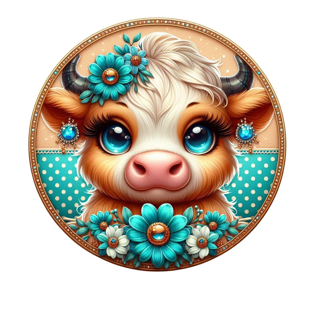 Cute Highland Cow With Teal Flowers Wreath Sign, Metal Wreath Sign ...